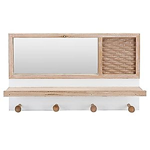 Hanna Roberts Decorative Boho Chic Wall Mount Shelf with Mirror and 4 Hooks for Entryway, Kitchen, Mudroom, Bathroom