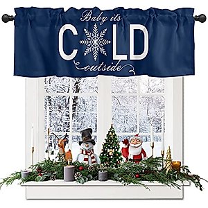 Jacekidy Christmas Valances Kitchen Curtains Wide Pocket Curtain Valances, Window Valance Curtains for Living Room Dinning Room, Window Treatments 54x18 in Cold Winter Snowflakes Blue Backdrop