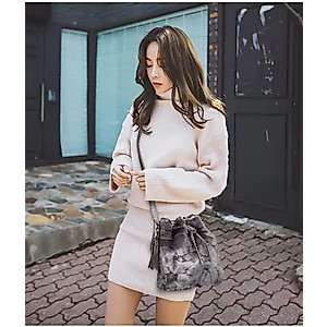 ENYIWH Women Leopard Print Faux Purse Fur Drawstring Bucket Bag Shoulder Crossbody Bag