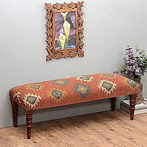 NATURAL FURNISH Wooden Bench for Living Room, Wool Jute Kilim Bench for entryway, Fabric upholstered Bench for Seating