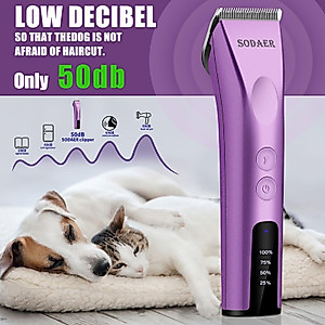 Professional Animal Pet Dog Cat and Horse Cordless Hair Clipper Grooming Kit with 5 in 1 Blade Low Noise & High Power Rechargeable Cordless Pet Grooming Clipper for Thick Heavy Coats -Purple