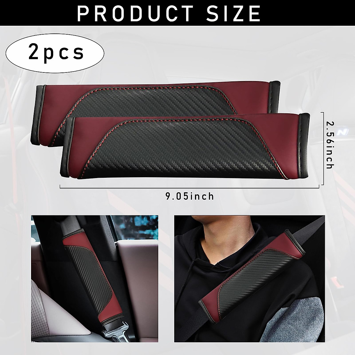 Ziciner 2 PCS Car Seat Belt Cover, Soft Carbon Fiber Leather Safety Belt Shoulder Strap Pads, Breathable Harness Pad Helps Protect Your Neck & Shoulders Universal for Car, Truck, SUV (Black&Wine Red)