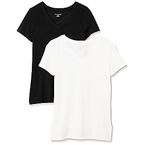 Amazon Essentials Women's Classic-Fit Short-Sleeve V-Neck T-Shirt, Pack of 2, Black/White, X-Large