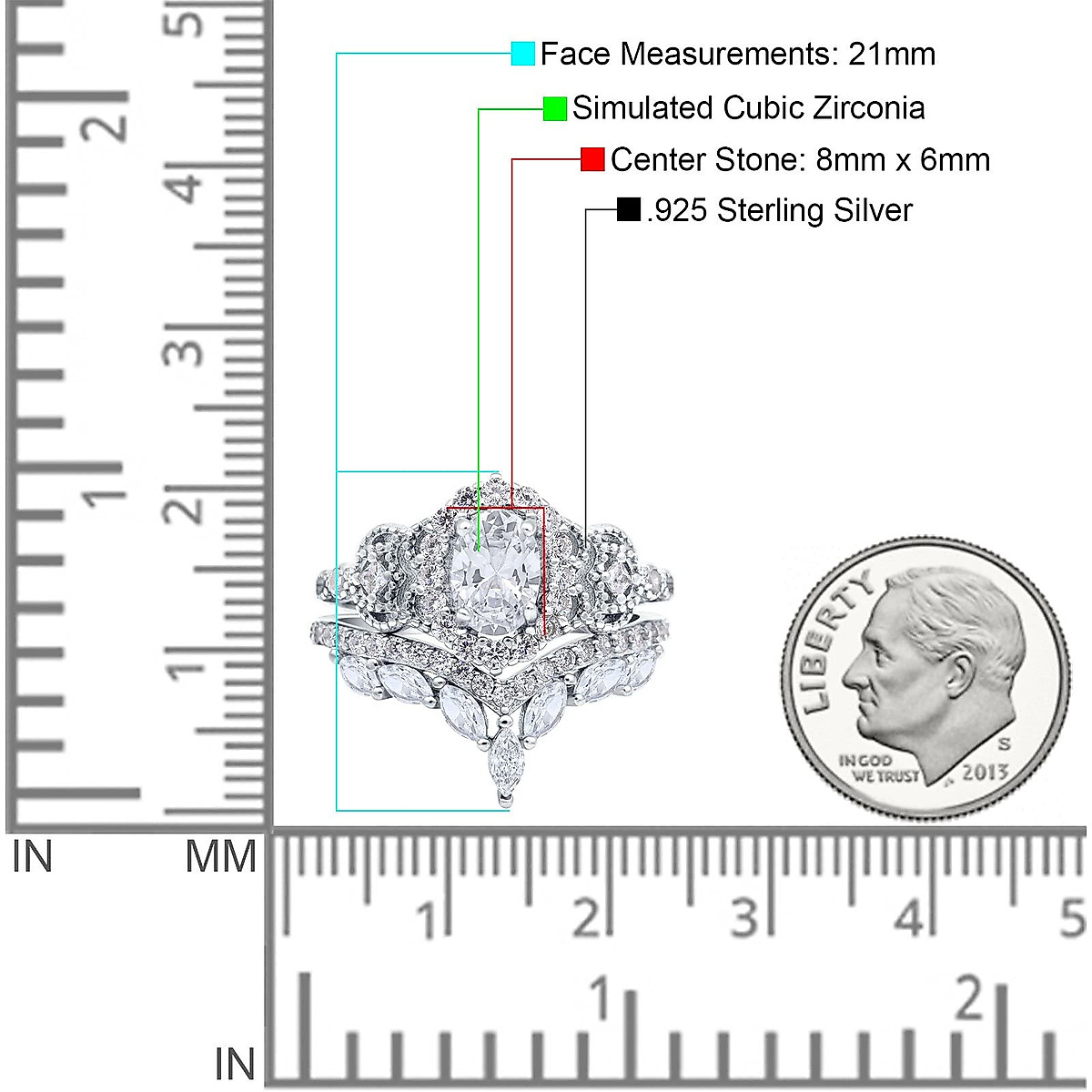 Blue Apple Co. Simulated Cubic Zirconia Size-7 Marquise Art Deco Wedding Engagement Bridal Two Piece Ring Band Oval Accent Vintage Round CZ 925 Sterling Silver