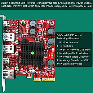 FebSmart 2X USB-C & 3X USB-A 10Gbps Ports PCIE USB 3.1 GEN2 Card for Windows 11, 10, 8.x, 7(32/64bit), Windows Server, MAC OS and Linux Desktop PCs, Built in Self-Powered Technology (FS-A3C2-Pro)