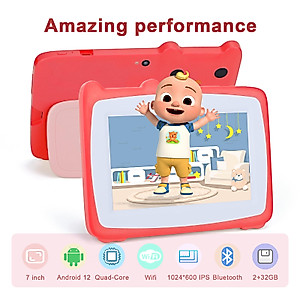 C idea 7 inch Kids Tablet, Android 12 Tablet for Kids with Kid-Proof Case 32GB+32GB Expandable Storage HD Dual Camera WiFi Children’s Tablet for Toddler Boys Girls Playing and Learning (Rose Red)