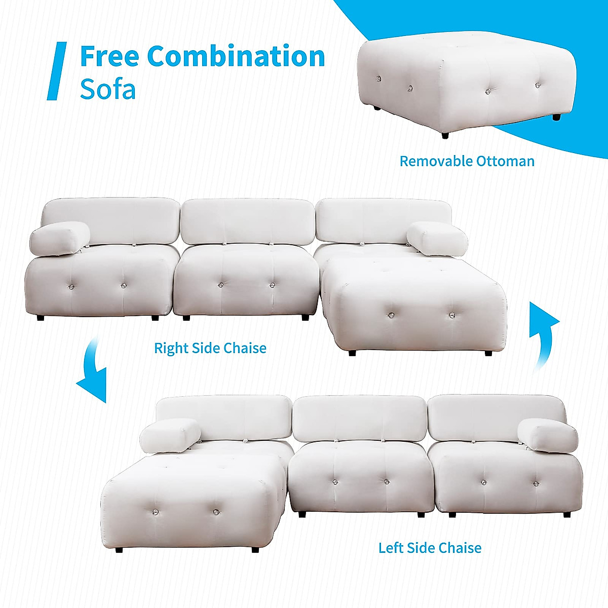 Mjkone Modular Sectional Sofa with Reversible Chaise, Velvet L Shaped Cloud Couch with Reversible Ottoman, 4 Seater Couch Button Tufted Designed Cloud Sofa, DIY Combination Sofa for Living Room,Beige