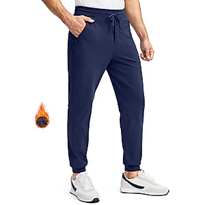 Pudolla Men's Joggers Sweatpants Fleece Lined Pants with Zipper Pockets for Winter Running Workout Gym(Navy X-Large)