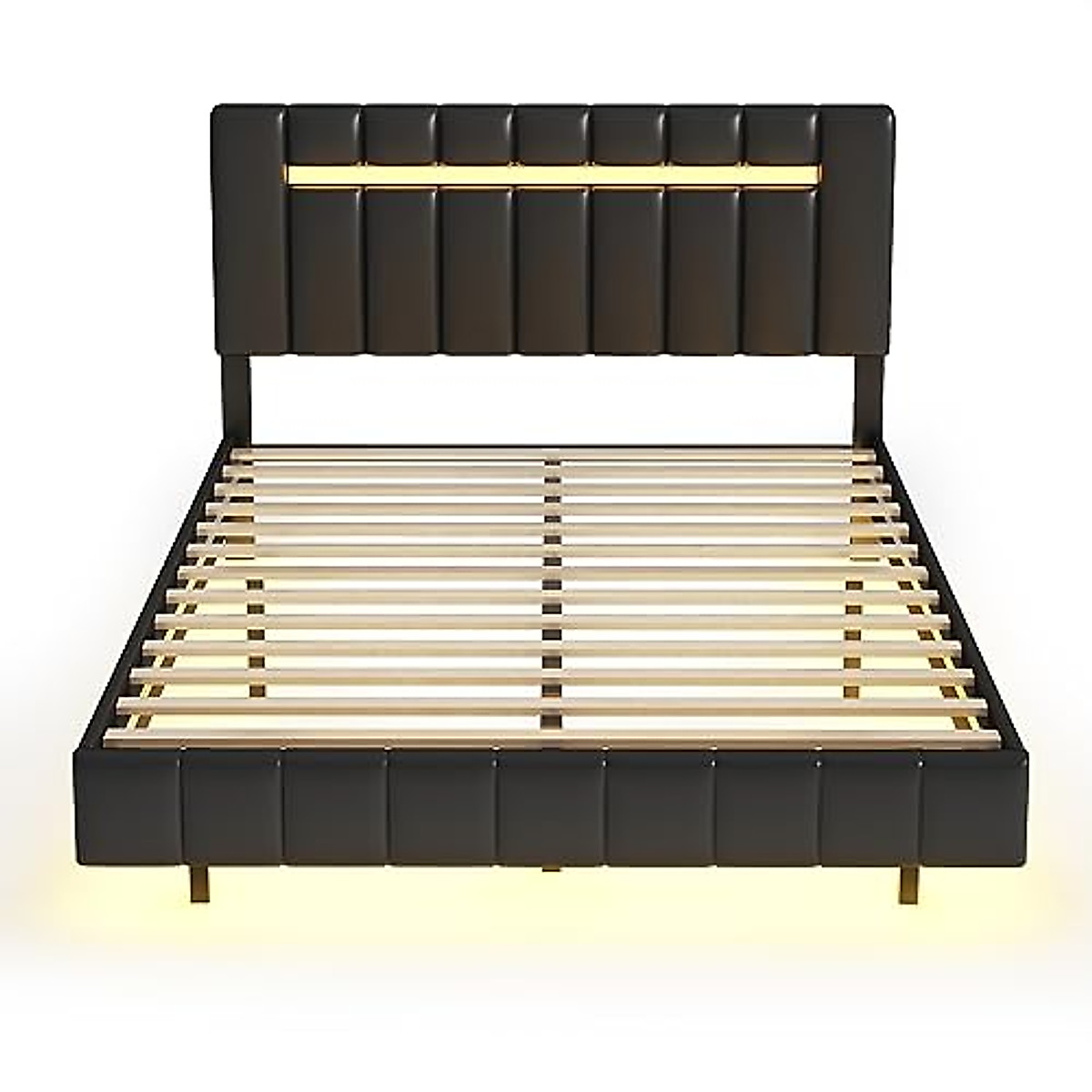 SIYSNKSI Modern Queen Size Upholstered Platform Bed, Floating Bed Frame with LED Lights and USB Charging, PU Leather Platform Bed for Kids Teens Adult Bedroom, No Box Spring Needed (Black-A032)