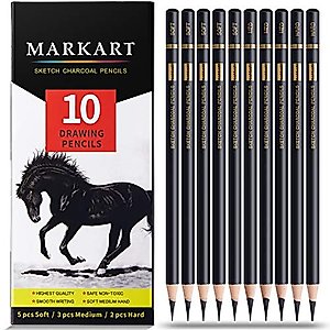 Professional Drawing Set - MARKART 10 Pieces Soft Medium and Hard Charcoal Pencils for Drawing, Sketching, Shading, Pencils for Beginners & Artists