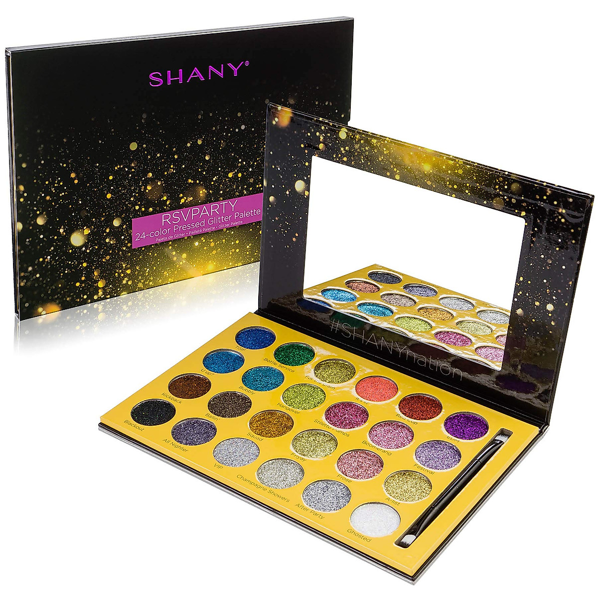 SHANY RSVParty Makeup Glitter Eyeshadow Palette - 24 Long-Lasting Pressed Glitter Pigments for Face and Body - Ultra Pigmented Glitter Makeup set with a Makeup Brush. Full Size Eyeshadow Pan.
