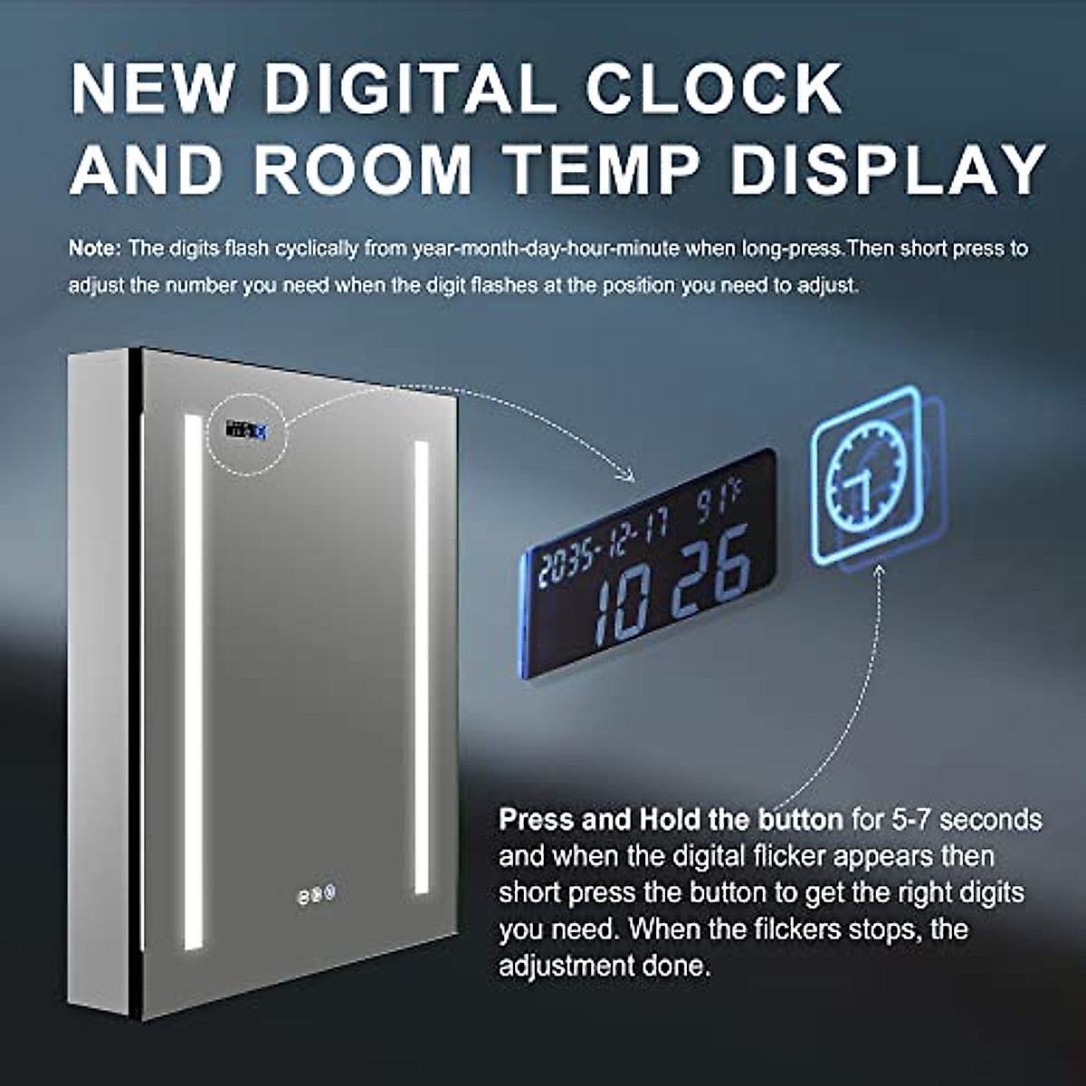 FRALIMK Recessed or Surface LED Medicine Cabinet, Lighted Mirror Cabinet with Lights, 24x30 in Bathroom Wall Cabinet with Defogger, Dimmer, Date/Time & Room Temp Display, 3X Makeup Mirror, Outlets