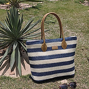 Striped Synthetic Straw Womens Tote Light Weight Vaction Shoulder Handbag (Navy)