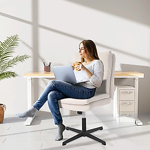LUCKWIND Armless Home Office Desk Chair No Wheels, Modern Double Padded Ergonomic Vanity Chair, Mid-Back Height Adjustable Cushioned Swivel Task Chairs, Wide Seat (Creamy White)