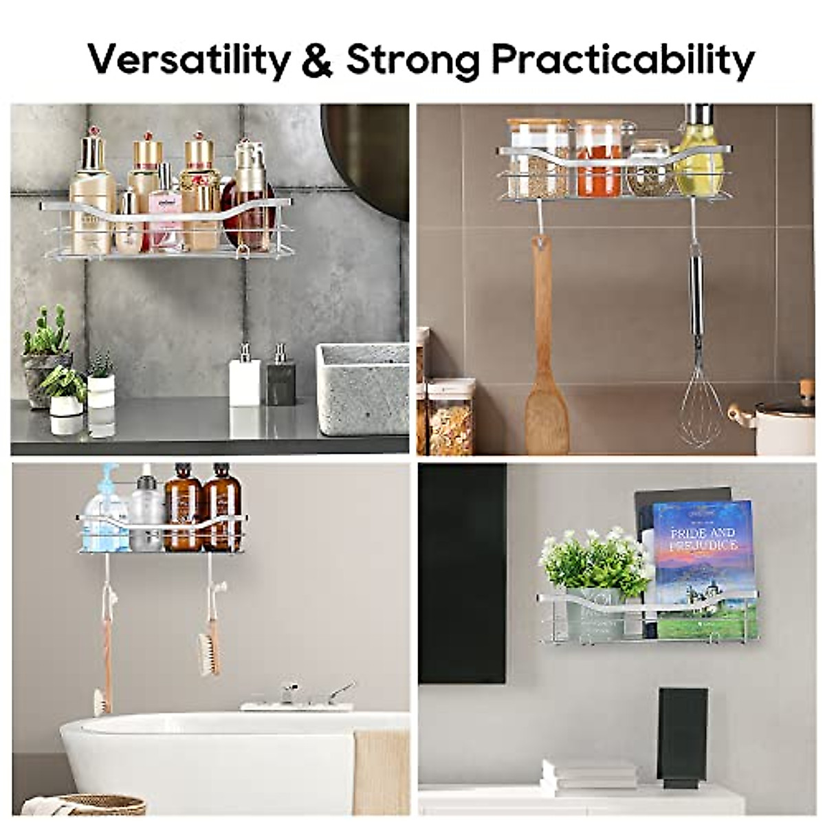 Shower Caddy Basket Rack with Hooks, Bathroom Shower Organizer Shelf, Adhesive Wall Mounted Rustproof Storage for Bathroom, Toilet, Kitchen, Dorm, No Drilling, 304 Stainless Steel, 2 Pack (Silver)