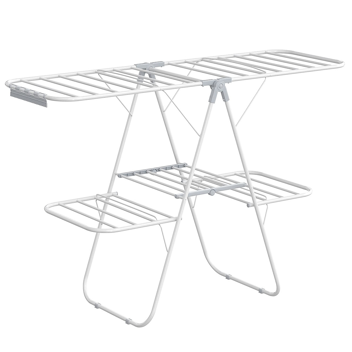 SONGMICS Clothes Drying Rack, Foldable 2-Level Laundry Drying Rack, Free-Standing Large Drying Rack, with Height-Adjustable Wings, 33 Drying Rails, Sock Clips, White and Gray ULLR053G01