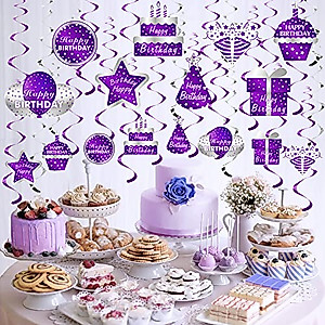 30Pcs Purple Silver Happy Birthday Decorations Hanging Swirls Party Supplies, Happy Birthday Foil Swirl Decor for Women Girls, 10th 16th 18th 21st 30th 40th 50th 60th Ceiling Swirl Sign