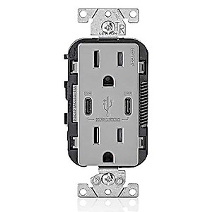 Leviton T5635-G USB Dual Type-C with Power Delivery (PD) In-Wall Charger with 15 Amp, 125 Volt Tamper-Resistant Outlet, Gray with Screwless Wallplates, 2-Pack
