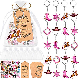 Sasylvia 159 Pcs Cowgirl Party Favors Include 36 Pink Acrylic Keychains 36 Organza Bags 36 Thank Kraft Tags 50 Cowgirl Stickers Rope Western Disco Horse Rodeo Birthday Baby Shower Party Supplies