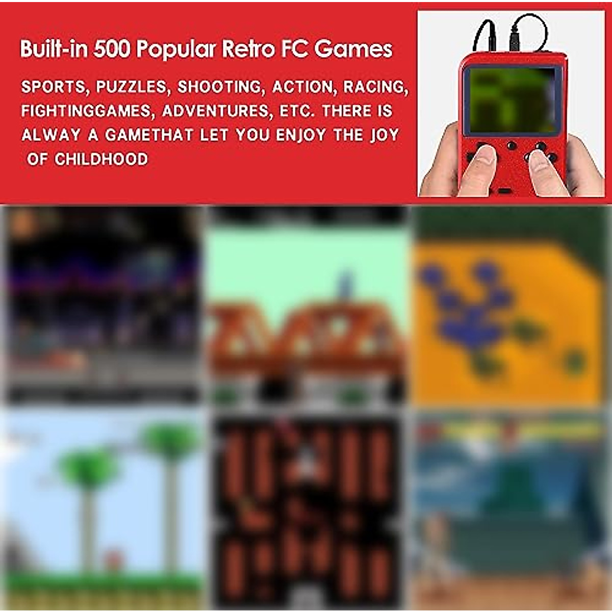 Retro Handheld Game Console with 500 Classic FC Games, Portable Retro Game Console, 3-inch LCD Screen and Add-on Controller, Handheld Game Console Supports Connectivity to TV and Two Players (RED)