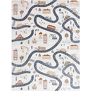 Hauteloom Mave Boys Room, Kids Room, Playroom Machine Washable Area Rug - Road Traffic Car City Carpet - Gray, Cream, Beige, Black - 5'3" x 7'