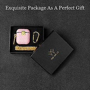WEISHIJIE Case for AirPods 1, AirPods 2, Genuine Leather AirPods Case with Argyle Pattern & Electroplating Metal Keychain & Gold Buckle (Pink)