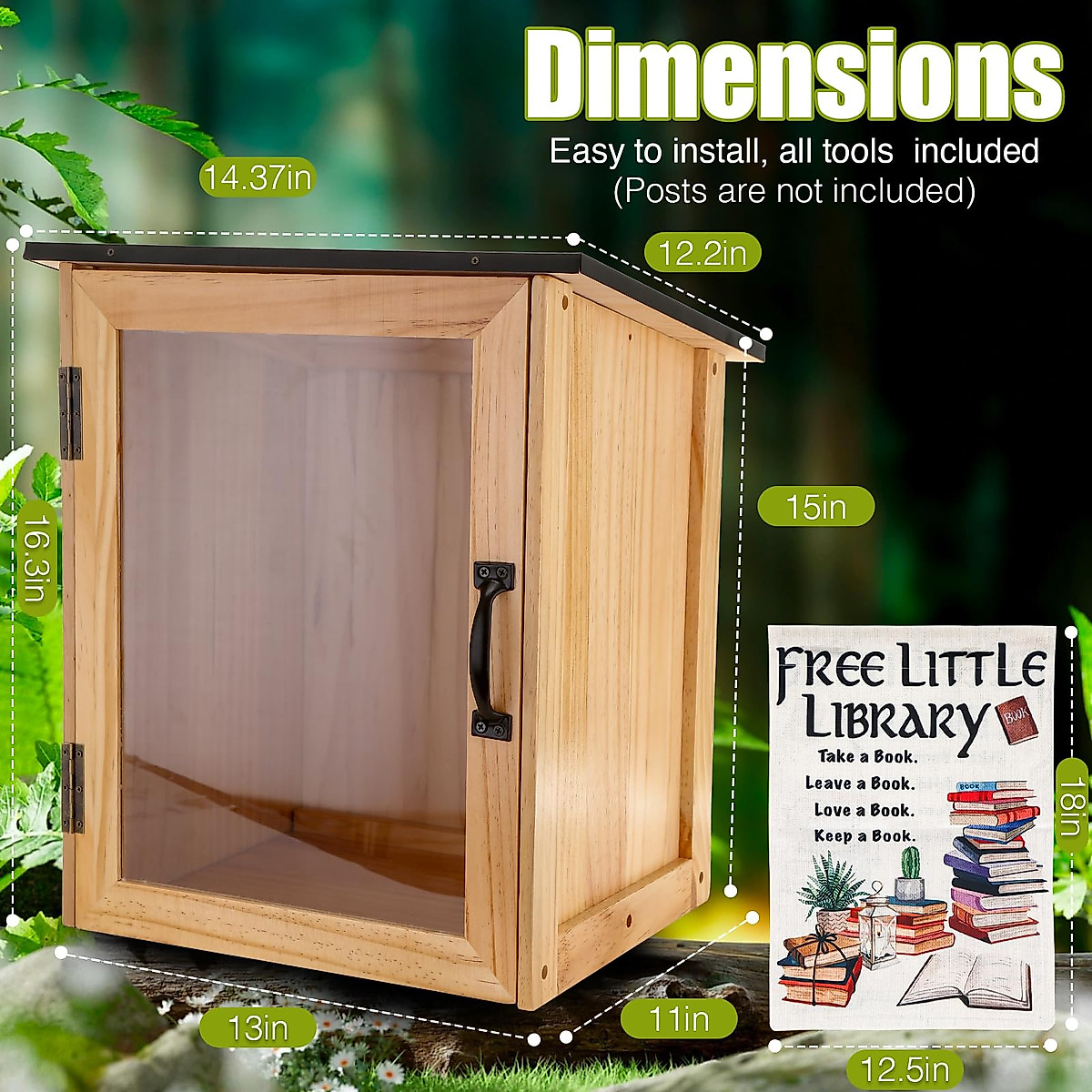 NatldGs Little Library Box Outdoor Kit - A Wooden Library Box and A Library Garden Flag for Sharing Books, Communication and Learning Between Neighbouring Communities