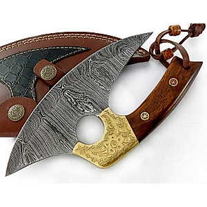 Damascus Steel alaskan Ulu Knife - Fixed Blade knife for Chopping Boning Slicing Cutting,Solid Burl Rose Wood Handle with Leather Sheath.SM145