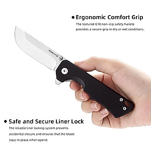 EMHTiii Pocket Folding EDC Knife: 2.95" D2 Steel Stonewashed Blade, G10 Scales, Flipper Liner Lock, Reversible Clip, Great Gifts for Men Women Camping Hiking Outdoor, Black