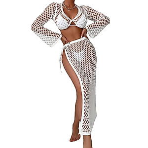 Verdusa Women's Hollow Out Crochet Crop Cover up Top and Tie Side Skirt Beach Bikini Cover Up Sets White XL