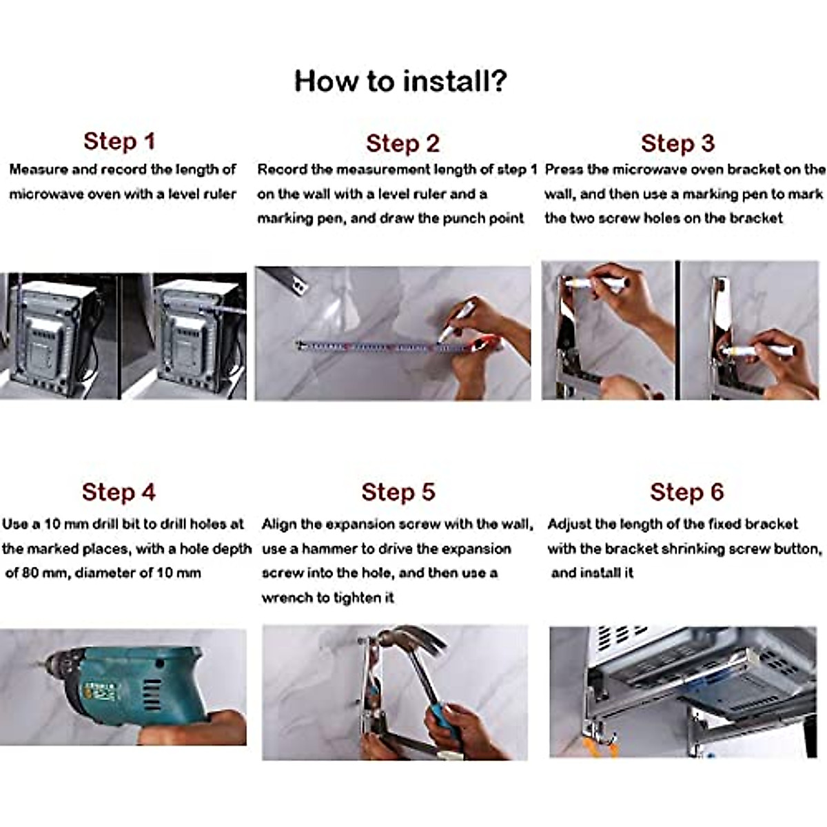 Hniuyun Stainless Steel Microwave Mount Bracket, Foldable Kitchen Stretch Oven Stand Wall Mount Stand Holder Shelf with Removable Hooks