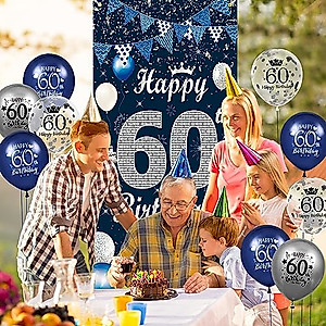 60th Birthday Decorations for Men Navy Blue Silver Happy 60th Birthday Door Banner Cover and 18Pcs Blue Silver 60th Birthday Balloons for Men Women 60th Birthday Party Decorations