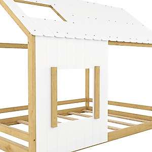Bellemave House Bed Full Size Montessori Style Floor Bed Frame Wood Kids Cabin Beds Fun Playhouse Bed with Roof and Window for Girls Boys Teens, White with Natural