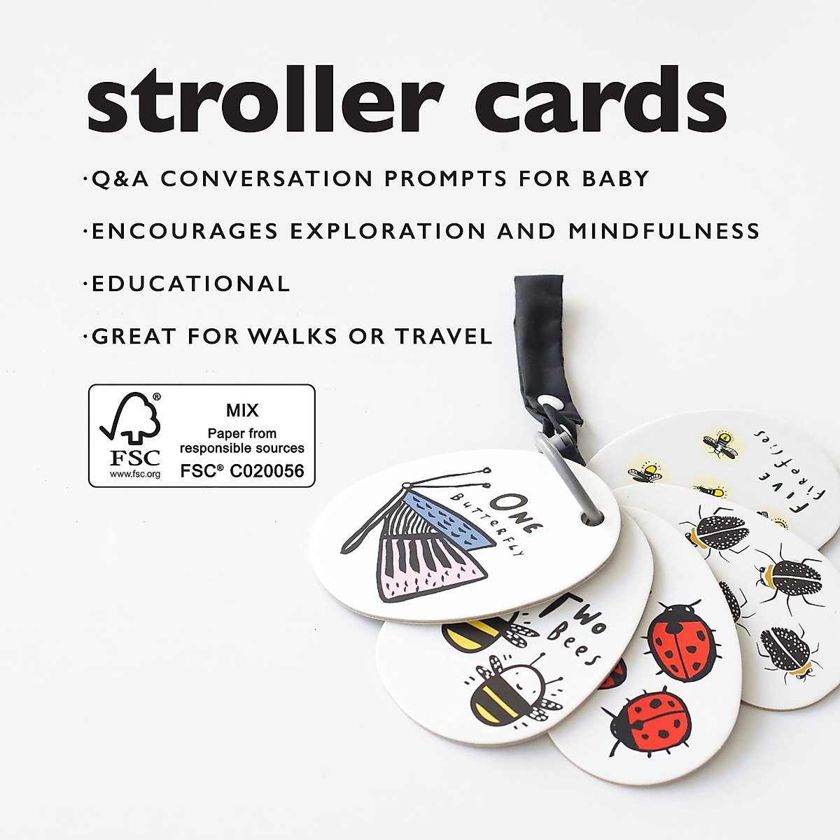 Wee Gallery Stroller Cards - I See Bugs to Count - Counting Numbers Travel Activity for Babies, Toddlers, with Snap on Strap for Walks, Car Seat, Bag, Stroller