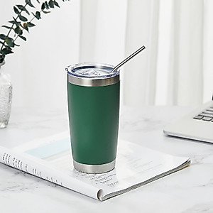 COMOOO 20oz Double Wall Vacuum Insulated Travel Mug, Stainless Steel Tumbler with Lid and Straw Durable Powder Coated Insulated Coffee Cup for Cold & Hot Drinks（Dark Green, 1 Pack）