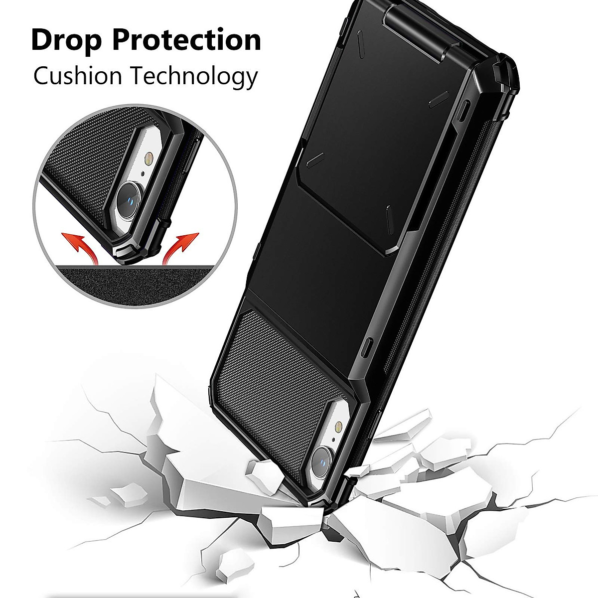Vofolen for iPhone XR Case Wallet ID Slot Credit Card Holder Spring Pocket for Men Women Scratch Resistant Dual Layer Protective Bumper Rugged TPU Rubber Armor Hard Shell Cover for iPhone XR 10R Black