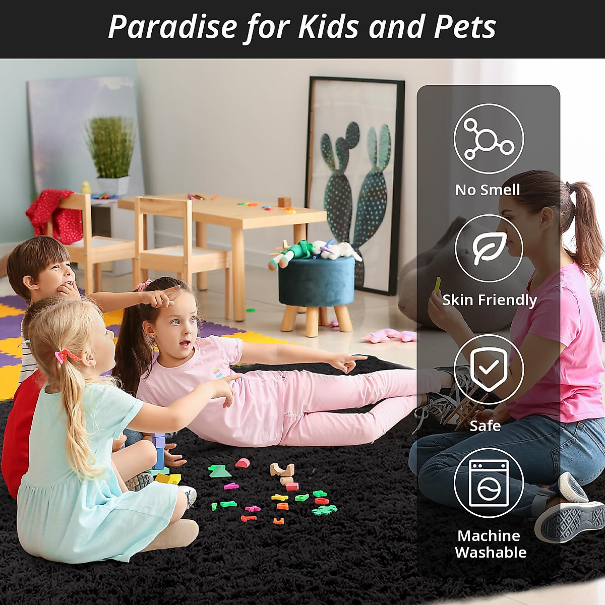 HOMBYS Shaggy Area Rug 9x12 Feet, Ultra Fuzzy Large Plush Faux Fur Carpet for Living Room Bedroom, Non-Skid Fuzzy Rug for Kids Playroom Home Decor, Black