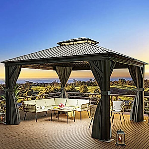 YITAHOME 12x14ft Hardtop Gazebo with Nettings and Curtains, Heavy Duty Double Roof Galvanized Steel Outdoor Combined of Vertical Stripes Roof for Patio, Backyard, Deck, Lawns, Gray