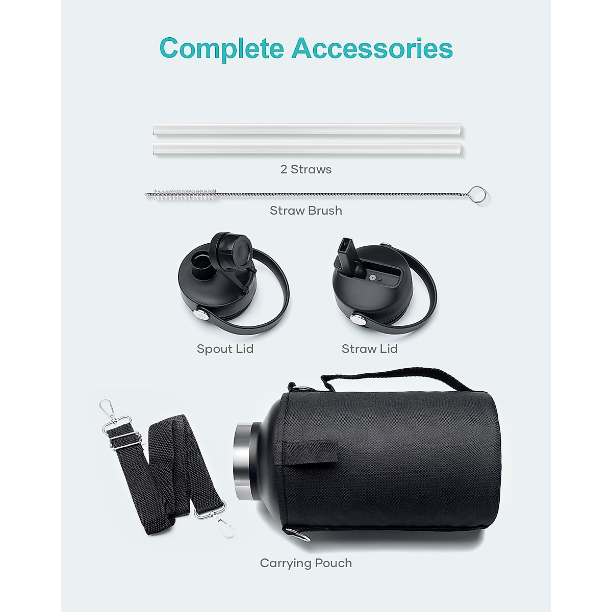 BUZIO 64oz Water Bottle Insulated, Half Gallon Stainless Steel Water Jug with Straw Lid and Carrying Pouch, Leak Proof Double Wall Thermo Water Flask Metal Canteen for Gym Sport Camping, Indigo Crush