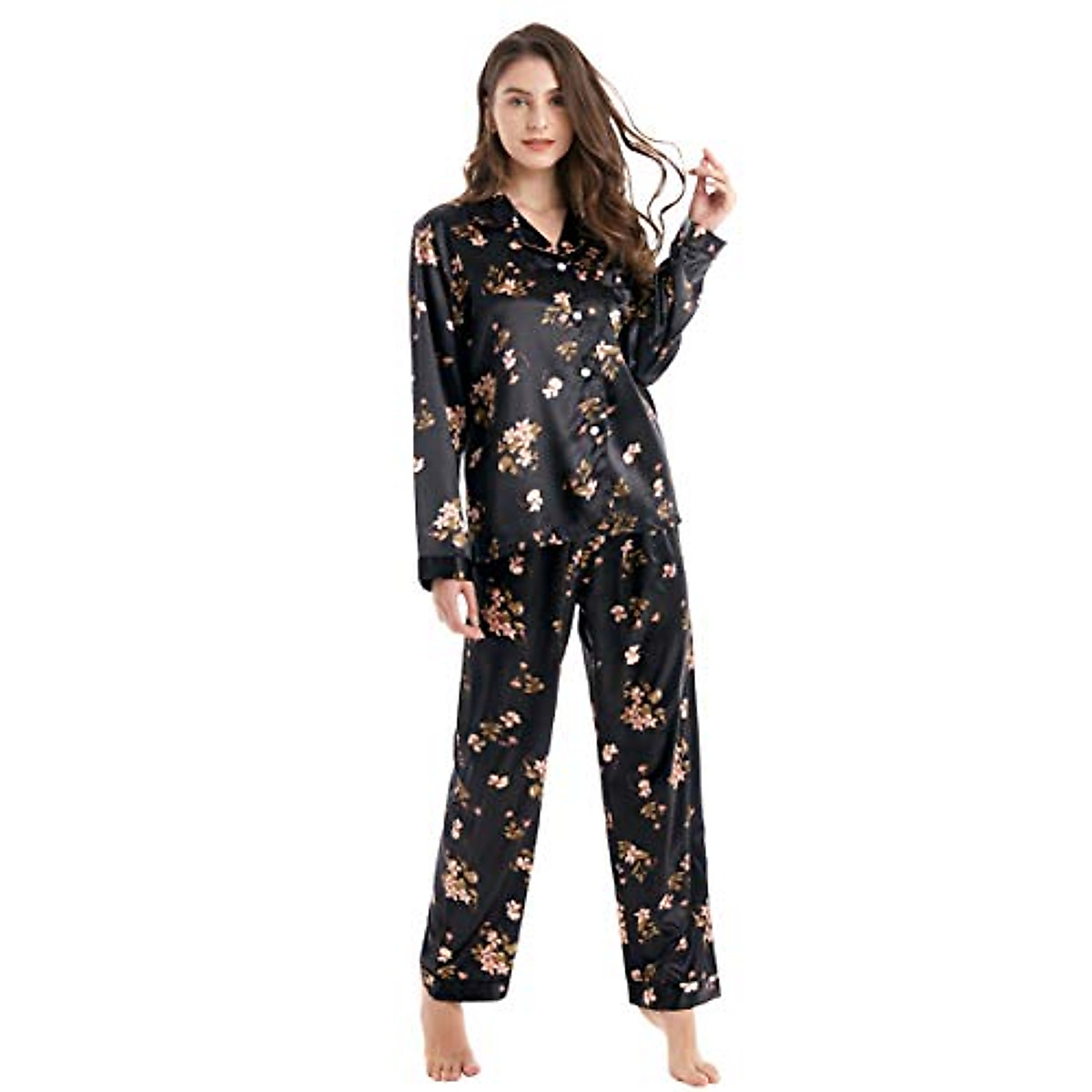 Tony & Candice Women's Classic Satin Pajama Set Sleepwear Loungewear (Black with Flower Pattern, Small)