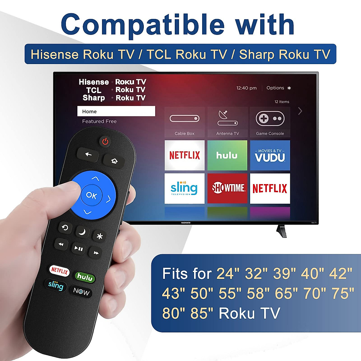 Universal for Roku TV Remote, Replacement for Hisense, TCL, Sharp Roku TV Remote, Remote Control Replacement for Roku TV with Netflix, Sling, Hulu, Now Button and Battery