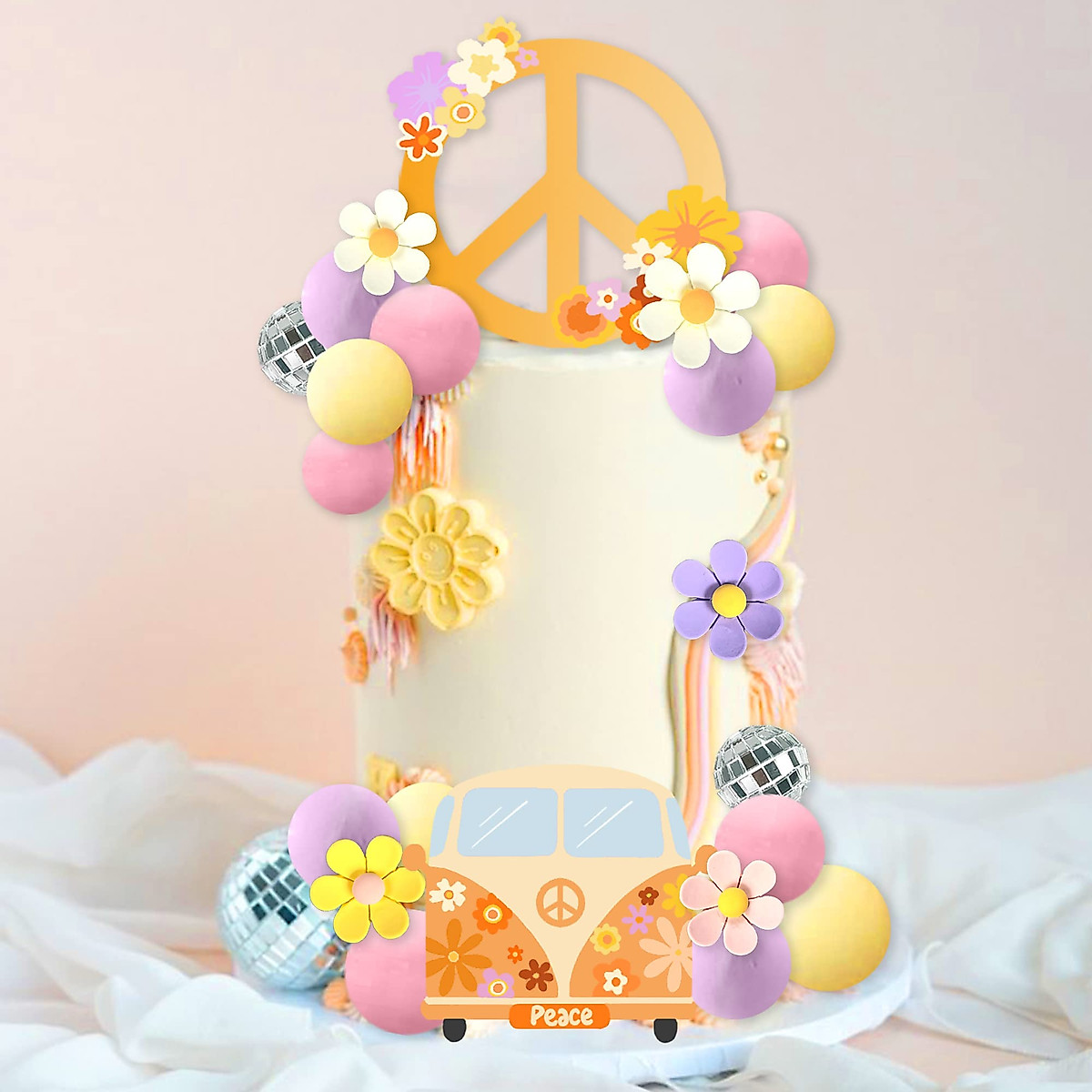 45 PCS Groovy Cake Toppers Boho Cake Topper Hippie Party Decorations with Flower Bus for Girl Birthday Party Boho Groovy Party Supplies (Style 1)