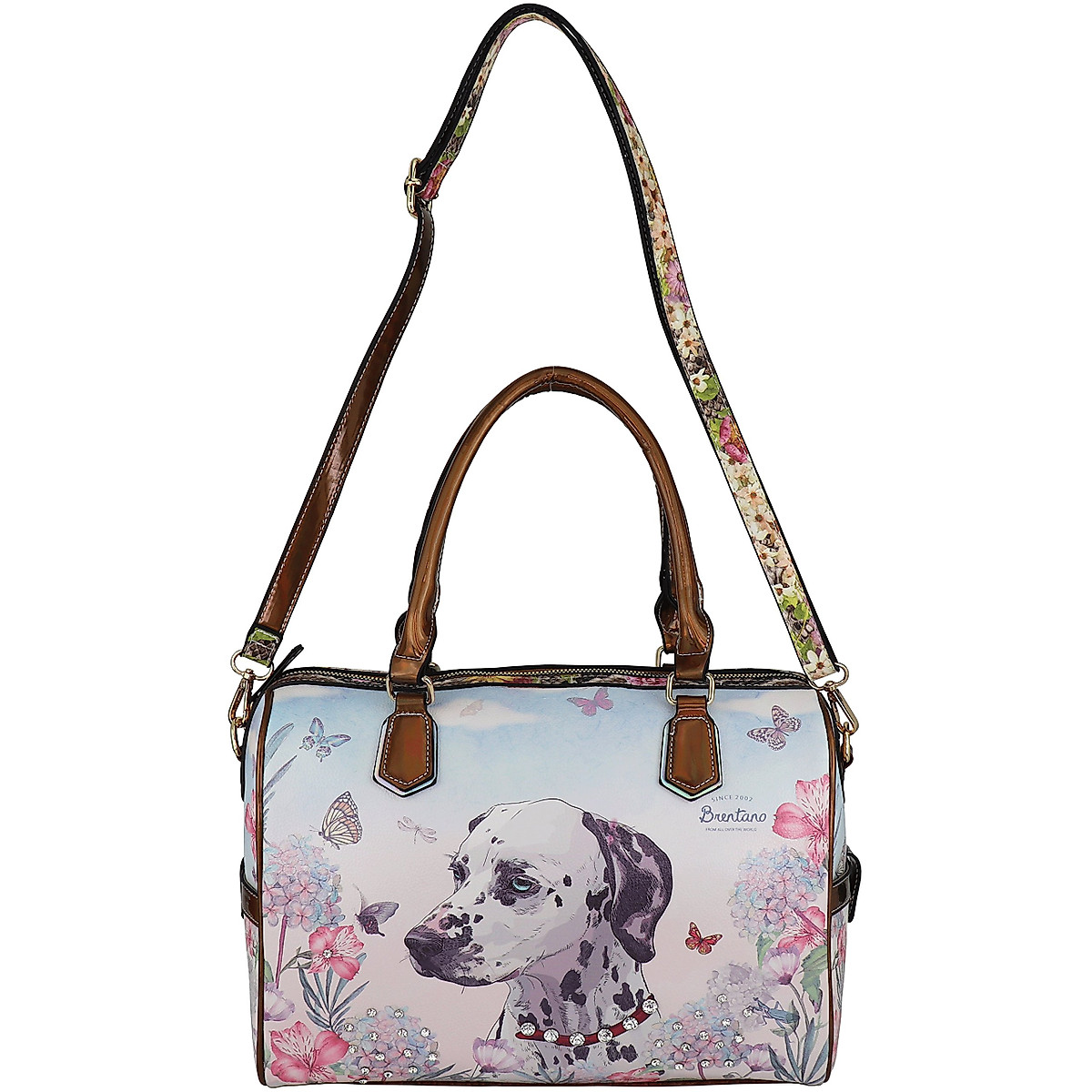 B BRENTANO Vegan Cute Animal Graphic Top Handle Boston Shoulder Bag with Rhinestones (Cozy Dog Wagon.)
