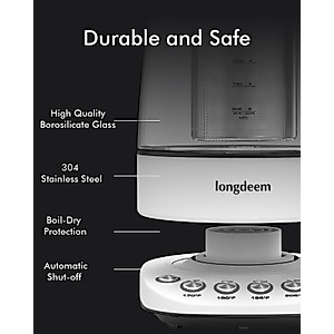 LONGDEEM Electric Glass Tea Kettle with Infuser, 1.7L Fast Boiling, Stainless Steel, Temperature Control Tea Maker, Non-BPA - Easy Lid Removal & Keep Warm Feature, White