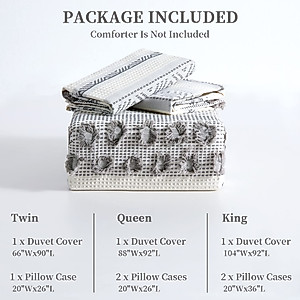 Cotton Jacquard Duvet Cover Set King Size, 3 Pieces Boho Yarn-Dyed Geometric Textured Farmhouse Duvet Cover Set with Waffle and Tufted Dots, 104x92 Inch