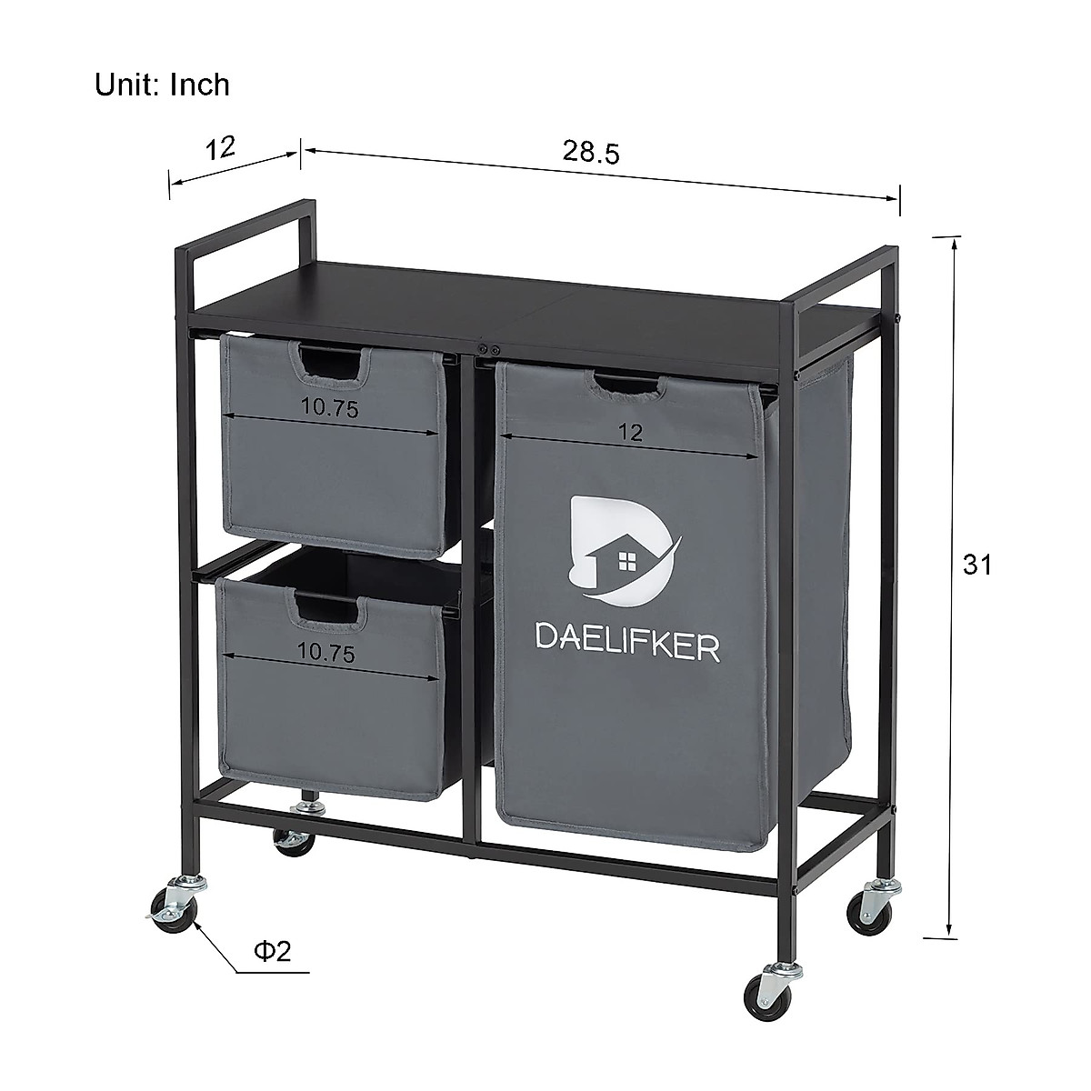 DAELIFKER Laundry Basket, Laundry Hamper 3 Section with Wheels, One Shelf, Metal Frame and Removable Laundry Sorter Bags, Clothes Hampers for Laundry Room (Grey, 85 L)
