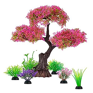 Ameliade Aquarium Artificial Plastic Plants Decoration, Pink Cherry Blossom Tree & Grass Aquarium Decor Set, Goldfish Betta Fish Tank Decorations Hides Accessories （Pink