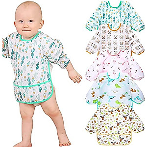 Lictin Baby Bibs for Boy or Girl,Long Sleeve Bib,Waterproof Toddler Bibs,0-24 Months Neutral Baby Smock for Eating,Reusable Infant Baby Bibs for Feeding Teething or Weaning 5 Pcs