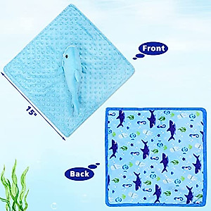 Shark Security Blanket Soft Loveys for Babies Boy Minky Dot Snuggle Plush Lovie Blue Stuffed Ocean Animal Sleeping Blanket Newborn Nursery Unisex Blankie 15 Inch