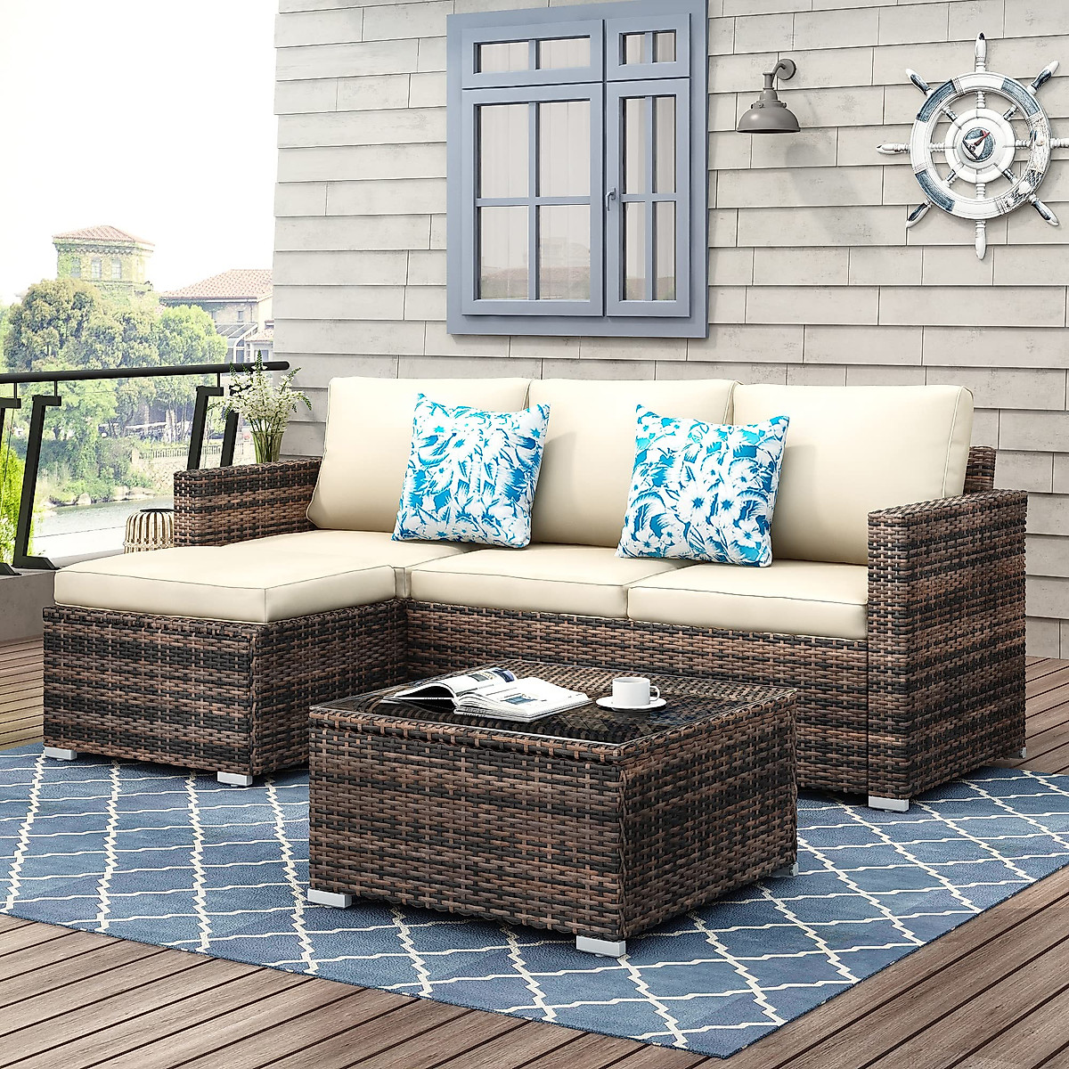 Suntone Patio Furniture Set All Weather Wicker Outdoor Sectional Patio Couch Rattan Patio Sectional with Table and Chairs, 3 Piece Patio Sofa Set, Beige